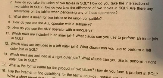 Solved 7. How do you take the union of two tables in SQL? | Chegg.com