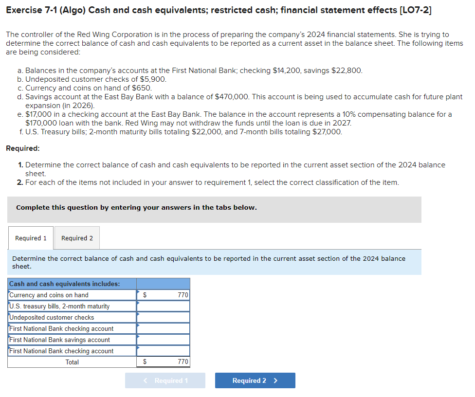 Solved Exercise 7-1 (Algo) Cash and cash equivalents; | Chegg.com