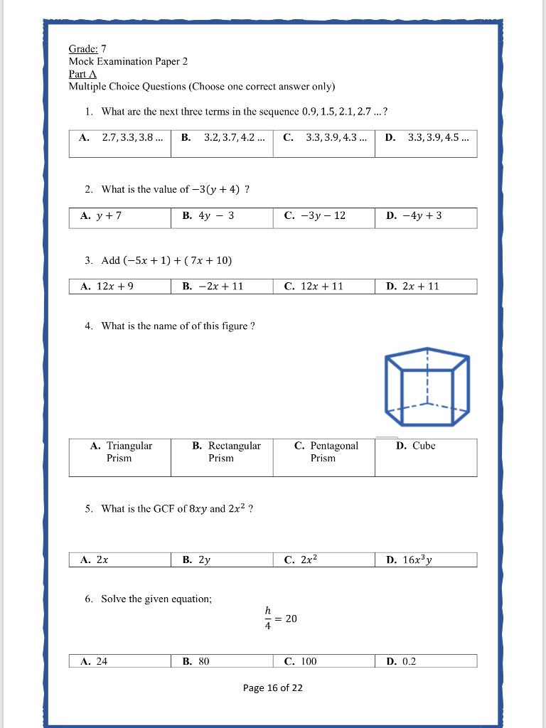 Solved Grade: 7 Mock Examination Paper 2 Part A Multiple | Chegg.com