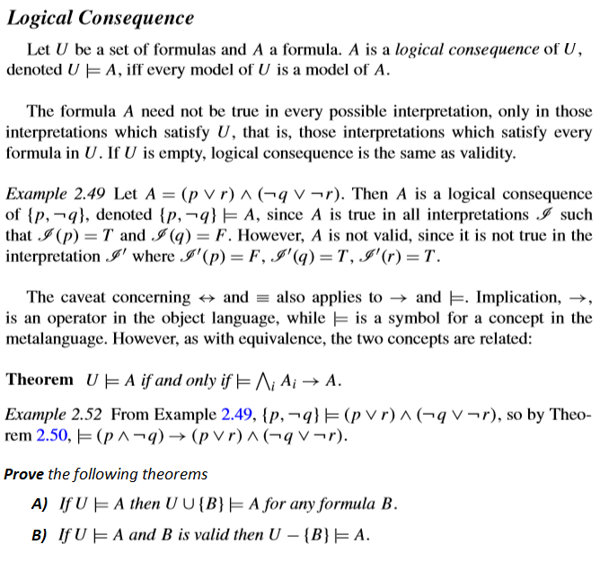 Logical Consequence Let U be a set of formulas and A | Chegg.com