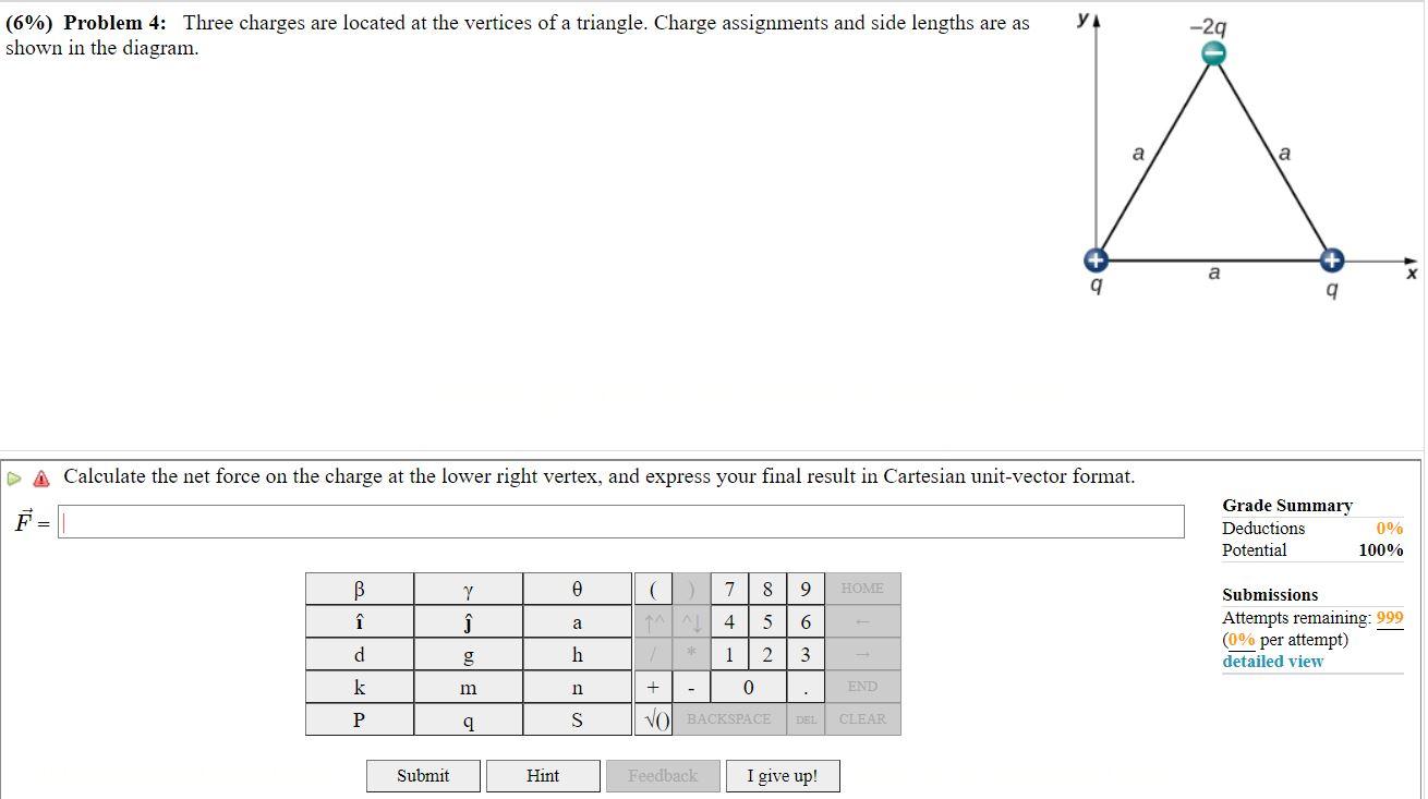 Solved ya -29 (6%) Problem 4: Three charges are located at | Chegg.com