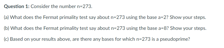 Solved Question 1: Consider the number n=273. (a) What does | Chegg.com
