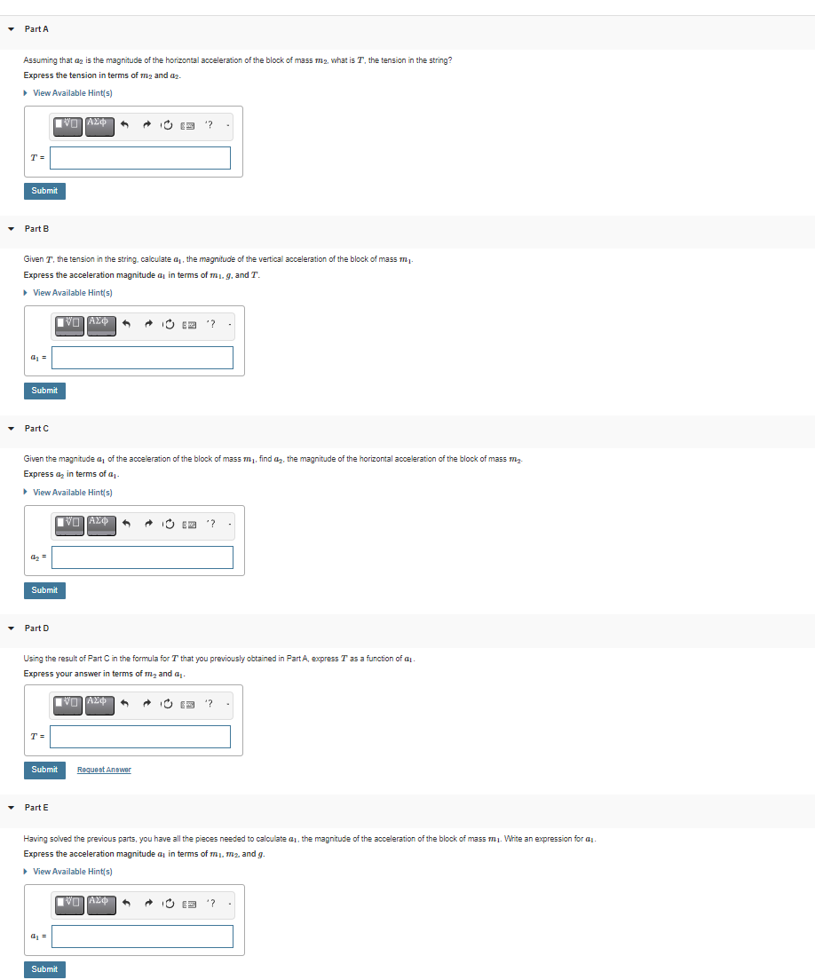 Solved A block of mass m1 is attached to a massless, ideal | Chegg.com