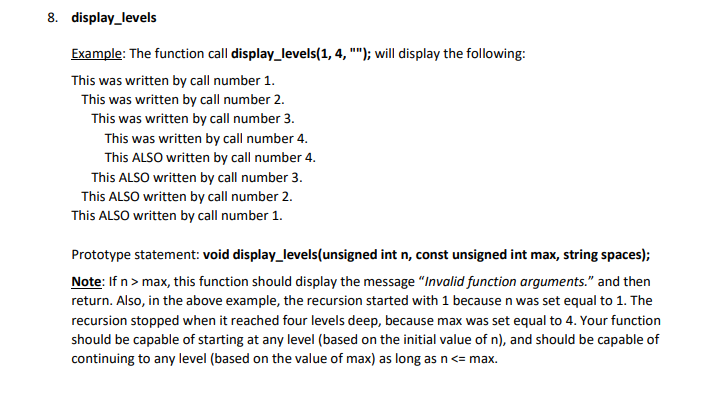 Solved Example: The function call display_levels(1, 4, ""); | Chegg.com