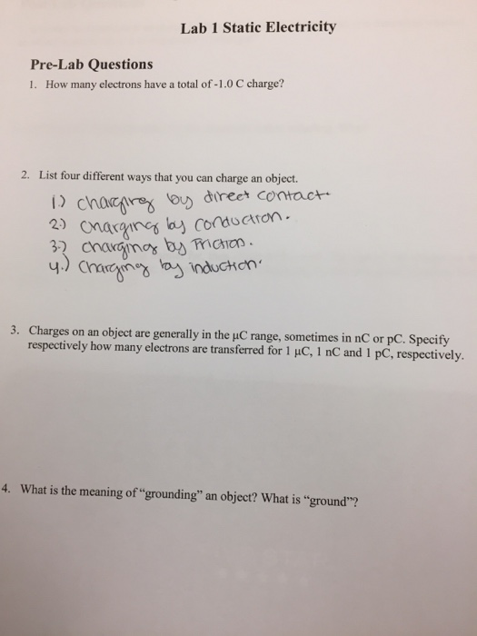Solved Lab 1 Static Electricity Pre-Lab Questions 1. How | Chegg.com