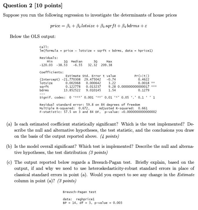 Solved Question 2 [10 points] Suppose you run the following | Chegg.com