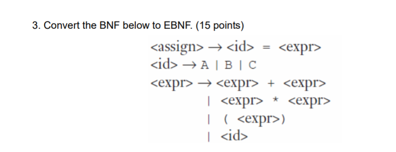 Solved = 3. Convert the BNF below to EBNF. (15 points) + | Chegg.com