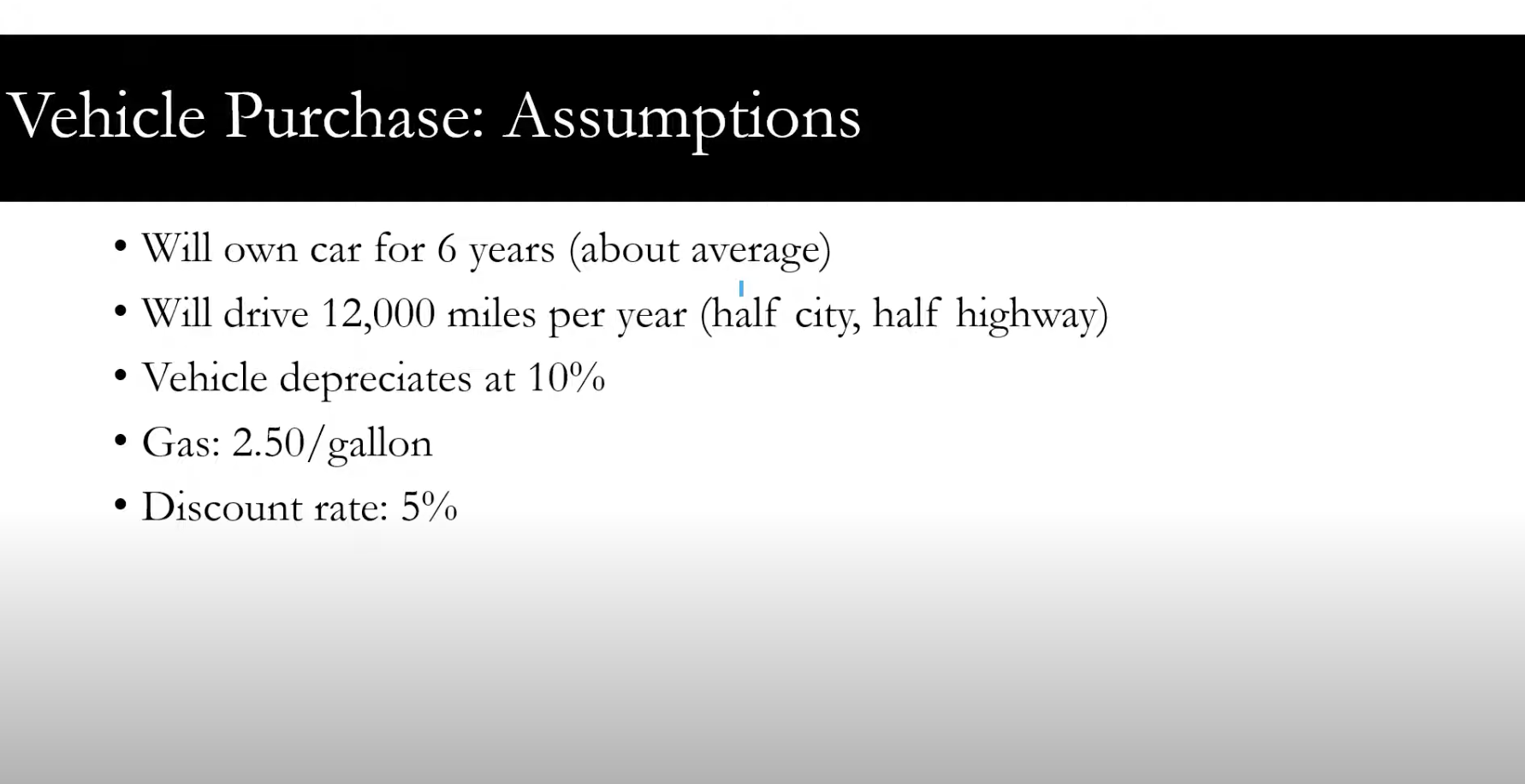 Vehicle Purchase: Assumptions . . Will own car for 6 | Chegg.com