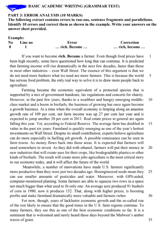 BASIC ACADEMIC WRITING (GRAMMAR TEST) PART 3: ERROR | Chegg.com