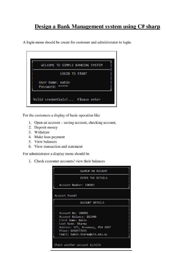 Solved Design a Bank Management system using C# sharp A | Chegg.com