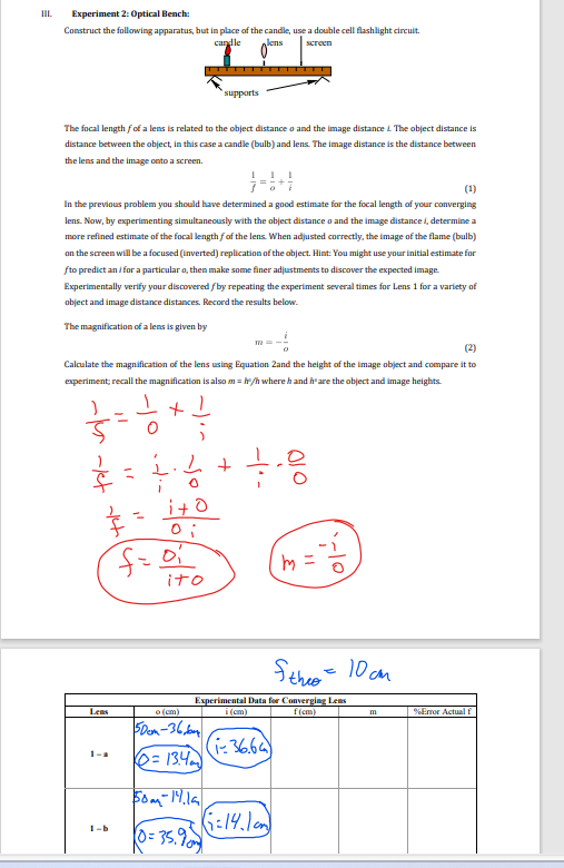 Solved III. Experiment 2: Optical Bench: Construct the | Chegg.com