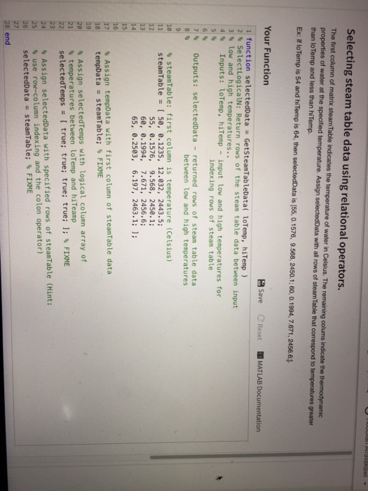 Solved The first column of matrix steamTable indicates the | Chegg.com