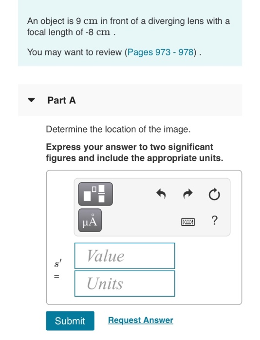 Solved An object is 9 cm in front of a diverging lens with a | Chegg.com