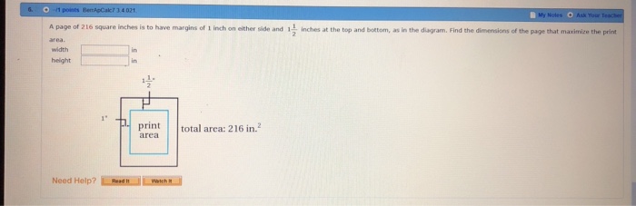 Solved A page of 216 square inches is to have margins of 1 | Chegg.com