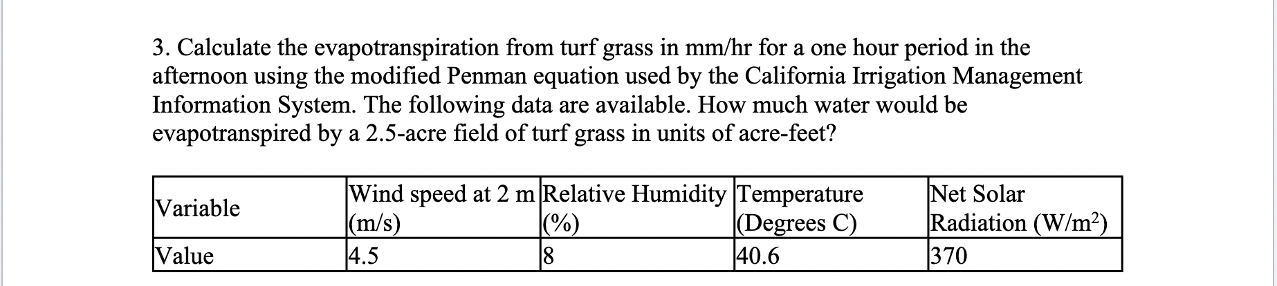 Solved 3. Calculate the evapotranspiration from turf grass | Chegg.com