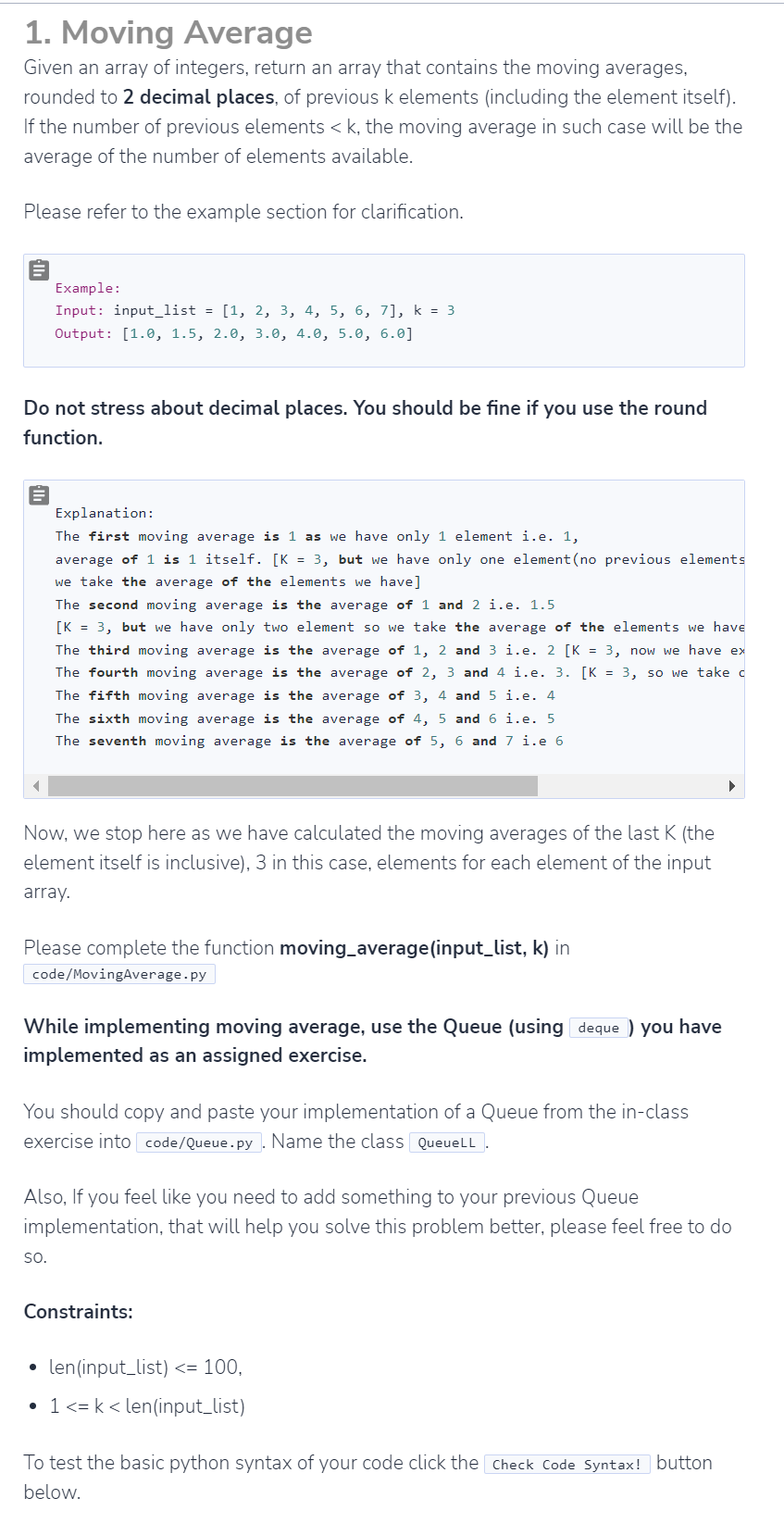 Solved 1. Moving Average Given an array of integers, return | Chegg.com