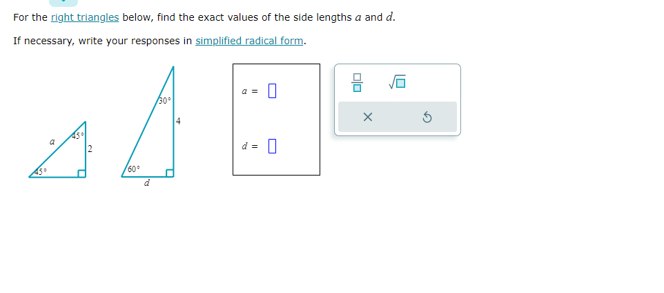 Solved For the right triangles below, find the exact values | Chegg.com