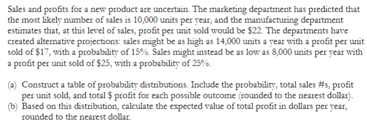 Solved Sales and profits for a new product are uncertain. | Chegg.com