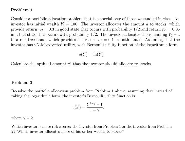 Solved Problem 1 Consider a portfolio allocation problem | Chegg.com