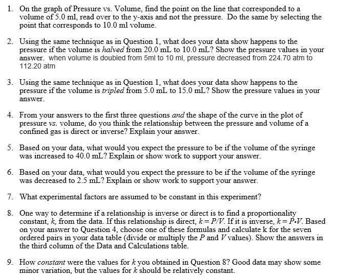 Volume (mL) Pressure (kPa) 175.9 Constant, k (P/V or | Chegg.com
