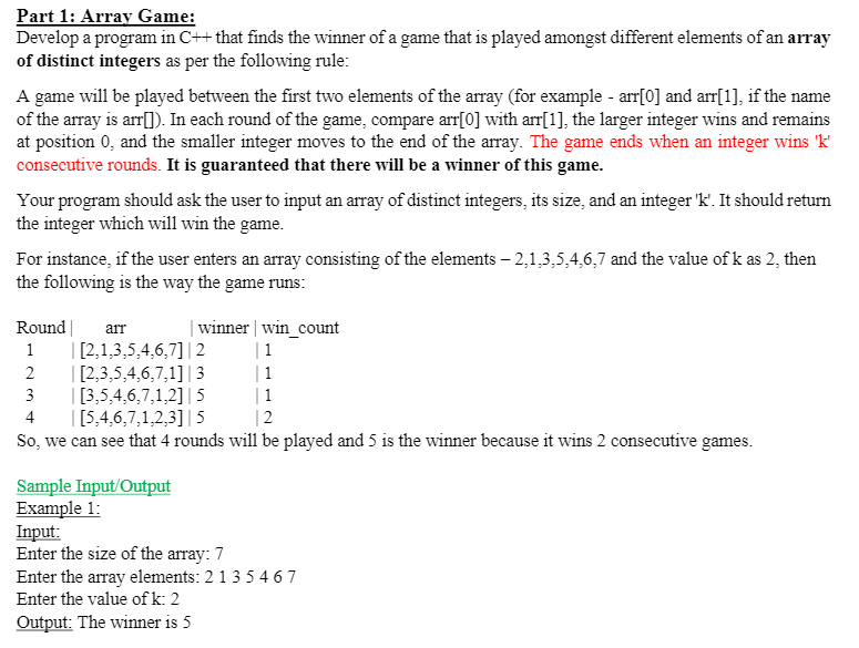 Solved Part 1: Array Game: Develop a program in C++ that | Chegg.com
