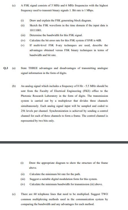 Solved (c) A FSK signal consists of 5MHz and 6MHz, | Chegg.com