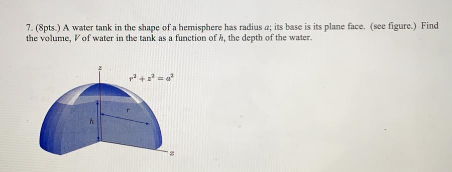 Solved 7. (8pts.) A water tank in the shape of a hemisphere | Chegg.com