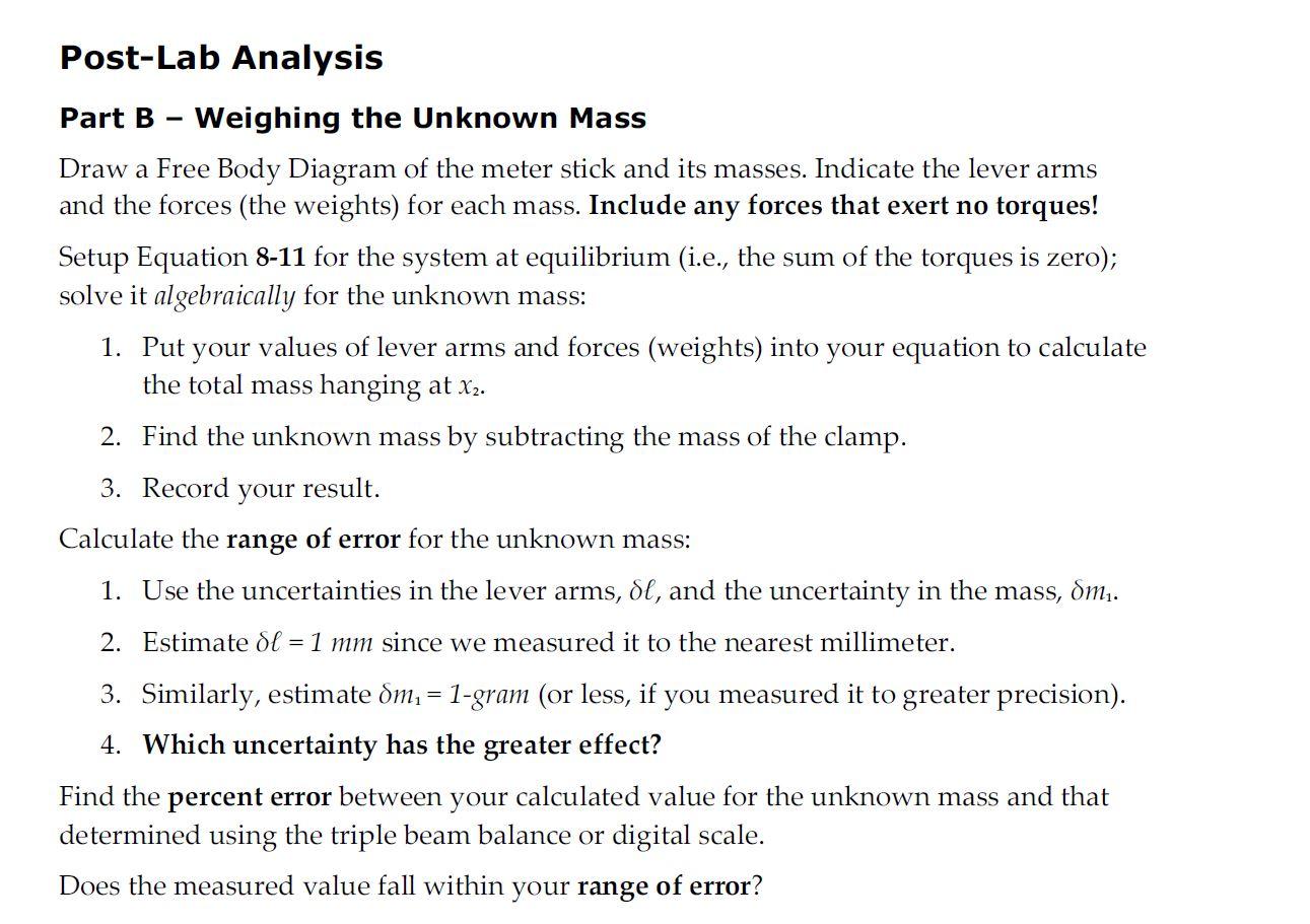 Post-Lab Analysis Part B - Weighing the Unknown Mass | Chegg.com