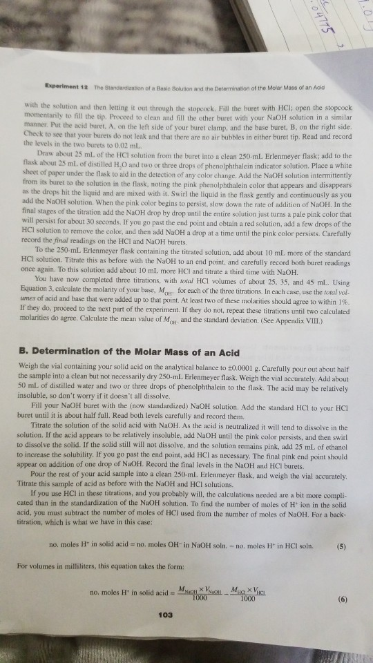 Solved Experiment 12 The Standardization of a Basic Solution | Chegg.com