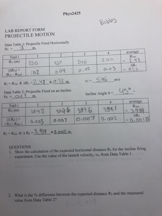 Solved Phys2425 Bobbs LAB REPORT FORM PROJECTILE MOTION Data | Chegg.com