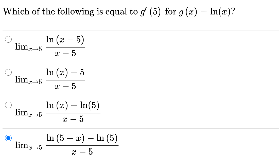 Solved Which of the following is equal to g (5) for g(x) = | Chegg.com