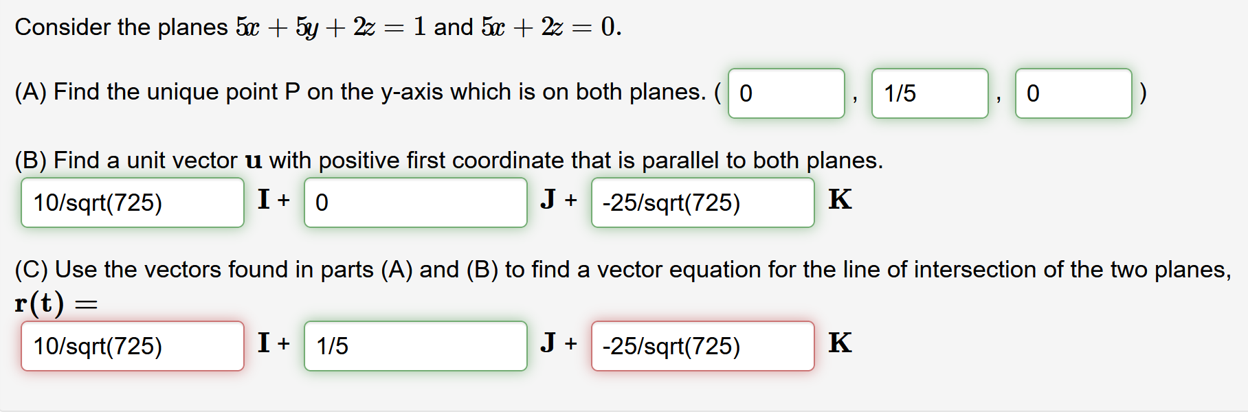 Solved Consider the planes 5x+5y+2z=1 and 5x+2z=0. (A) Find | Chegg.com