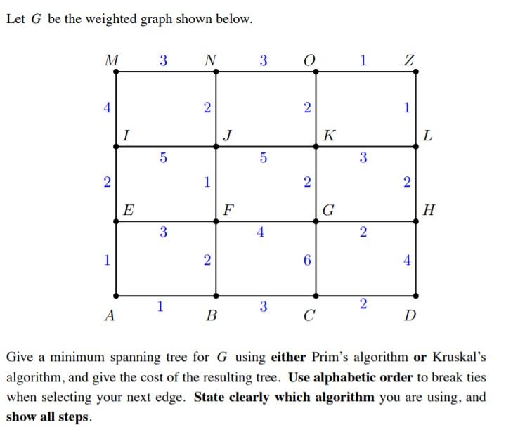 Solved Let G be the weighted graph shown below. M M 3 N 3 O | Chegg.com