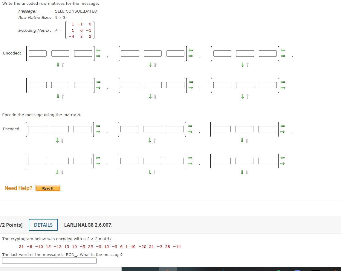 Solved Write the uncoded row matrices for the message. | Chegg.com