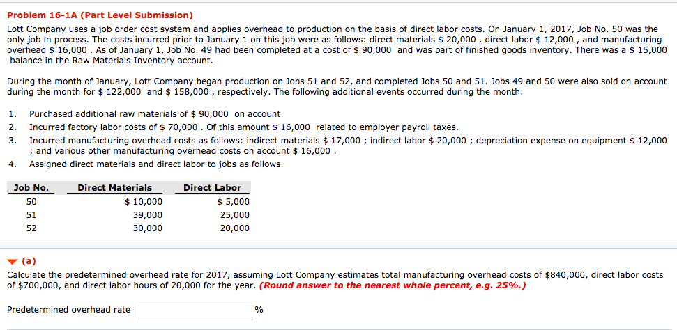 Solved Problem 16-1A (Part Level Submission) Lott Company | Chegg.com