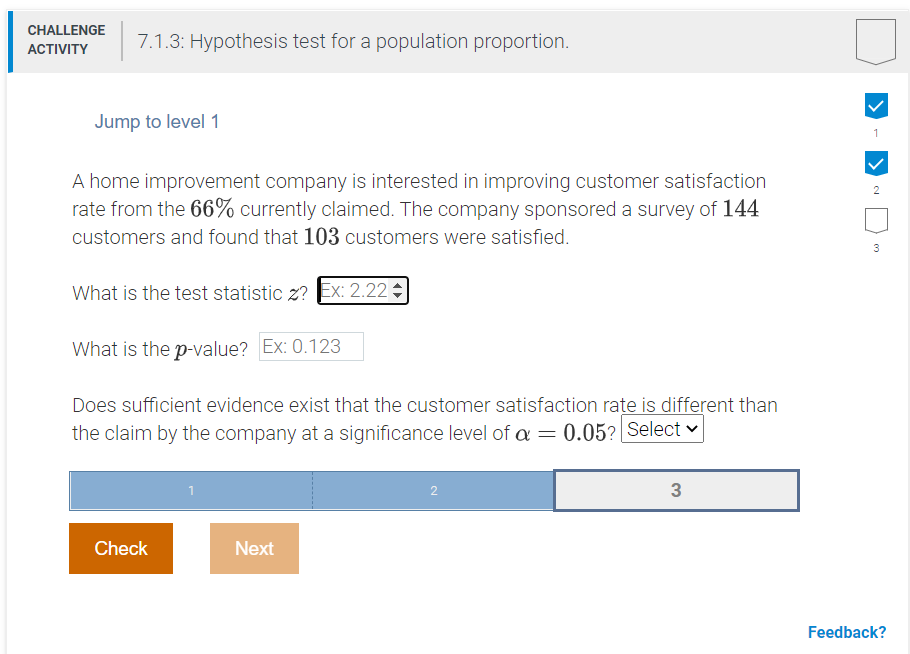 Solved CHALLENGE ACTIVITY 7.1.3: Hypothesis test for a | Chegg.com