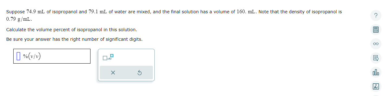 Solved Suppose 74.9 mL of isopropanol and 79.1 mL of water | Chegg.com