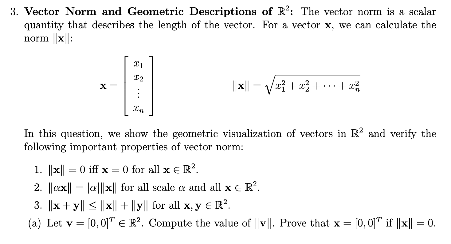 Solved 3. Vector Norm and Geometric Descriptions of R2 : The | Chegg.com