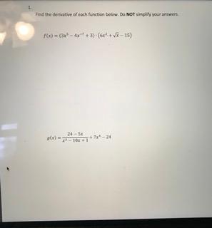 Solved 1. Find the derivative of each function below. Do NOT | Chegg.com
