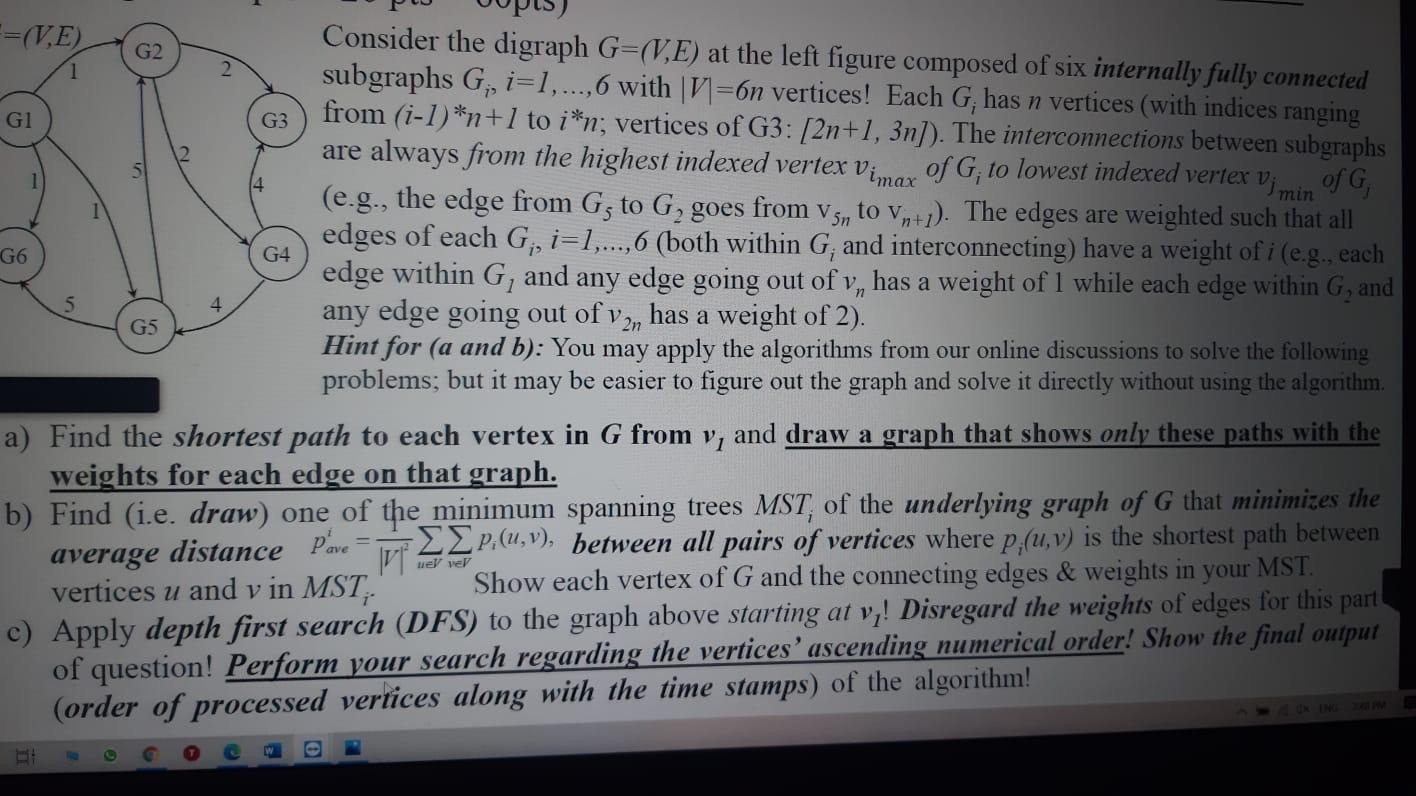 Solved Consider the digraph G=(V,E) ﻿at the left figure | Chegg.com
