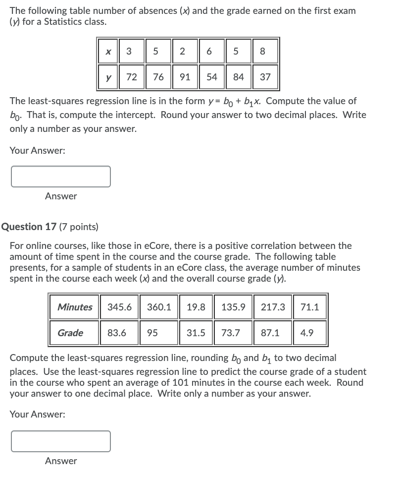 Solved The following table number of absences (x) and the | Chegg.com