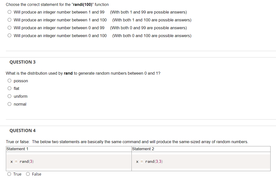 Solved Choose the correct statement for the "randi(100)" | Chegg.com
