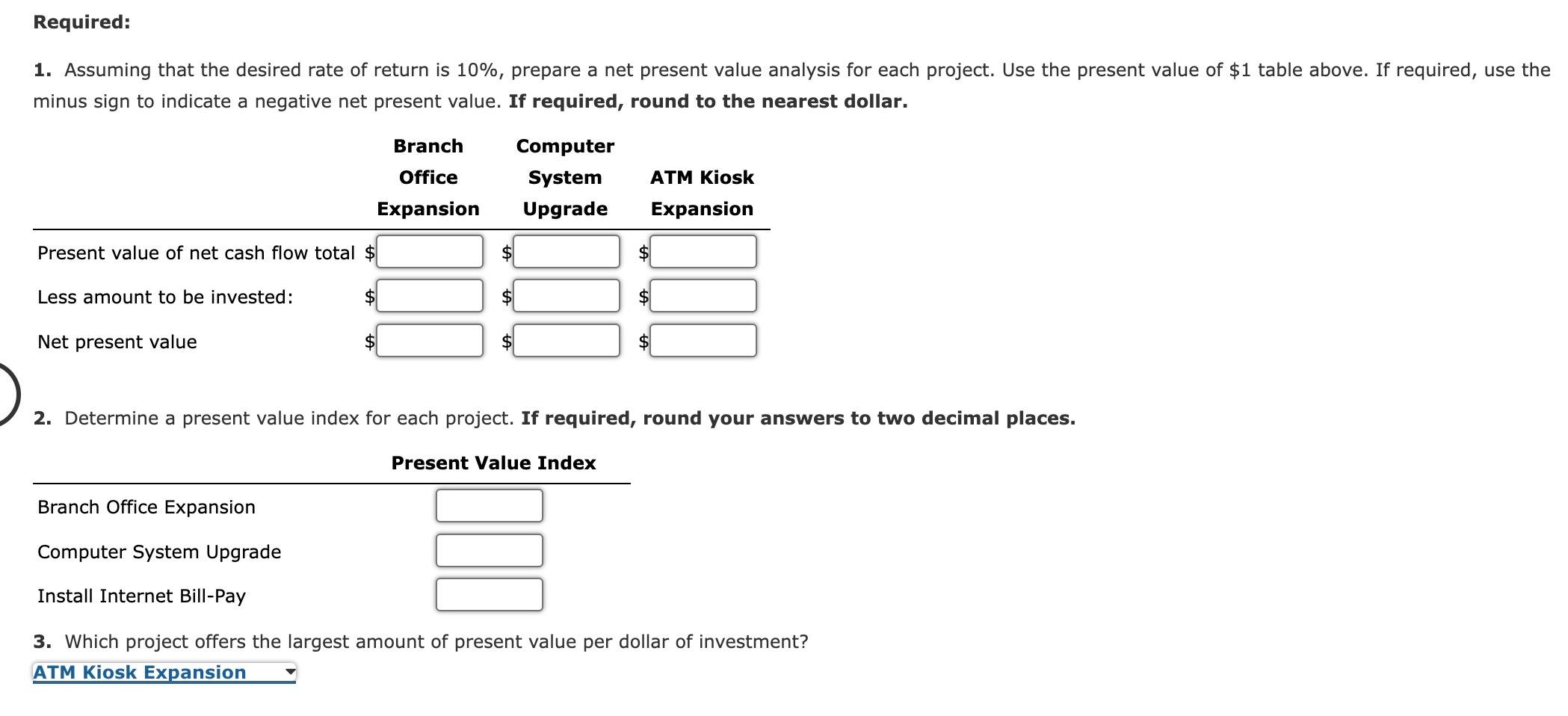 Solved Net Present Value Method, Present Value Index, and | Chegg.com