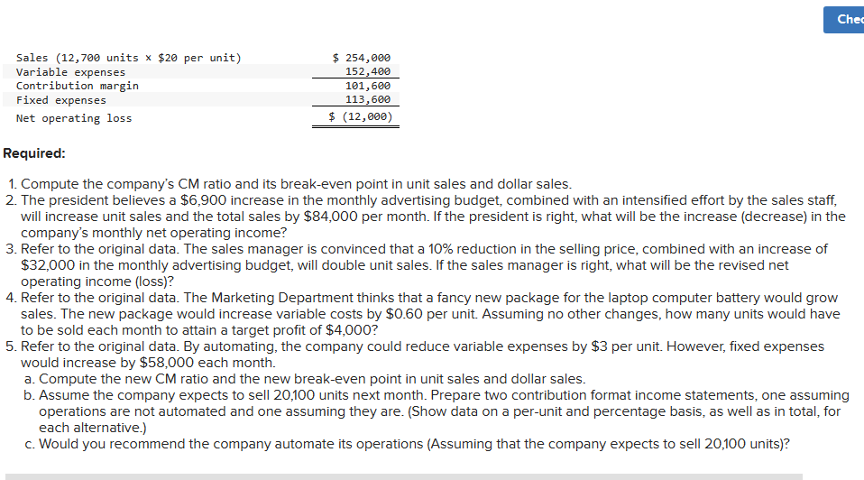 Solved Required:Compute the company's CM ﻿ratio and its | Chegg.com