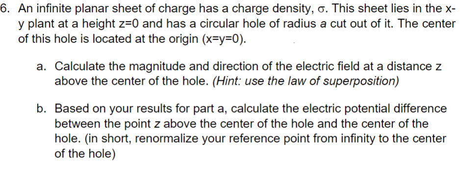 Solved An infinite planar sheet of charge has a charge | Chegg.com