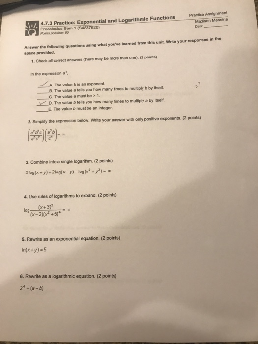 Solved Practice Assignment 4.7.3 Practice: Exponential and | Chegg.com