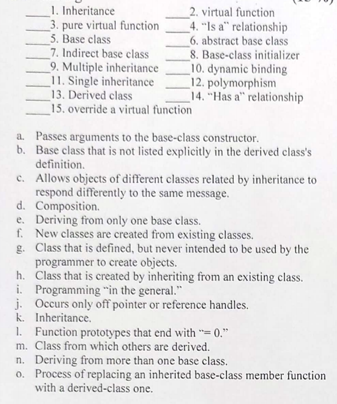 Solved 1. Inheritance 2. virtual function 3. pure virtual | Chegg.com