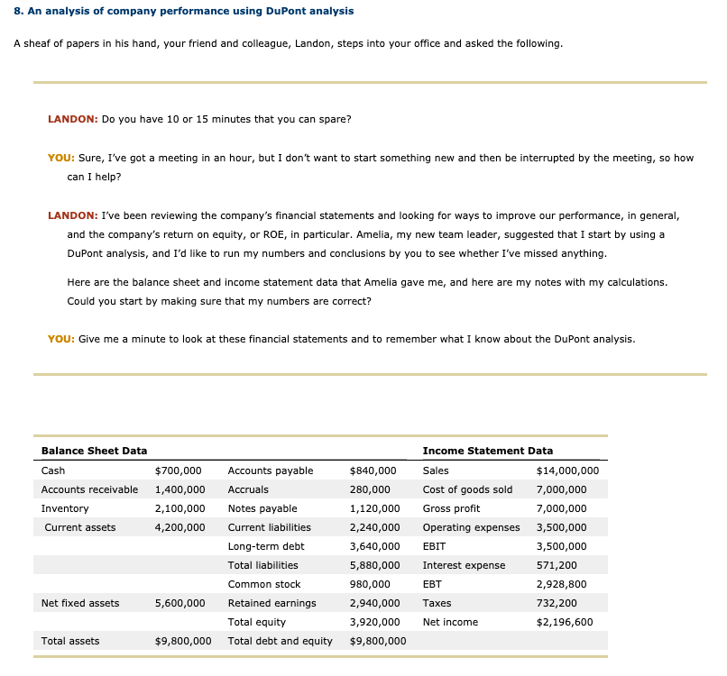 Solved 8. An analysis of company performance using DuPont | Chegg.com