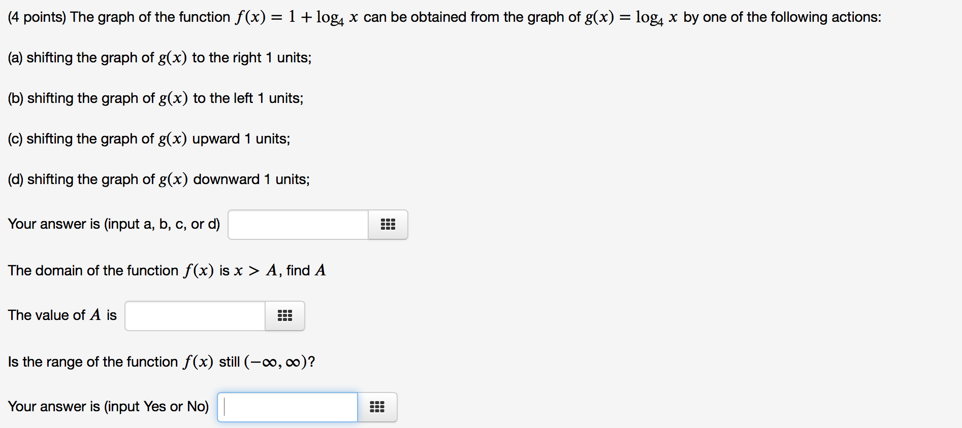 Solved (4 points) The graph of the function f(x) = 1 + log4 | Chegg.com