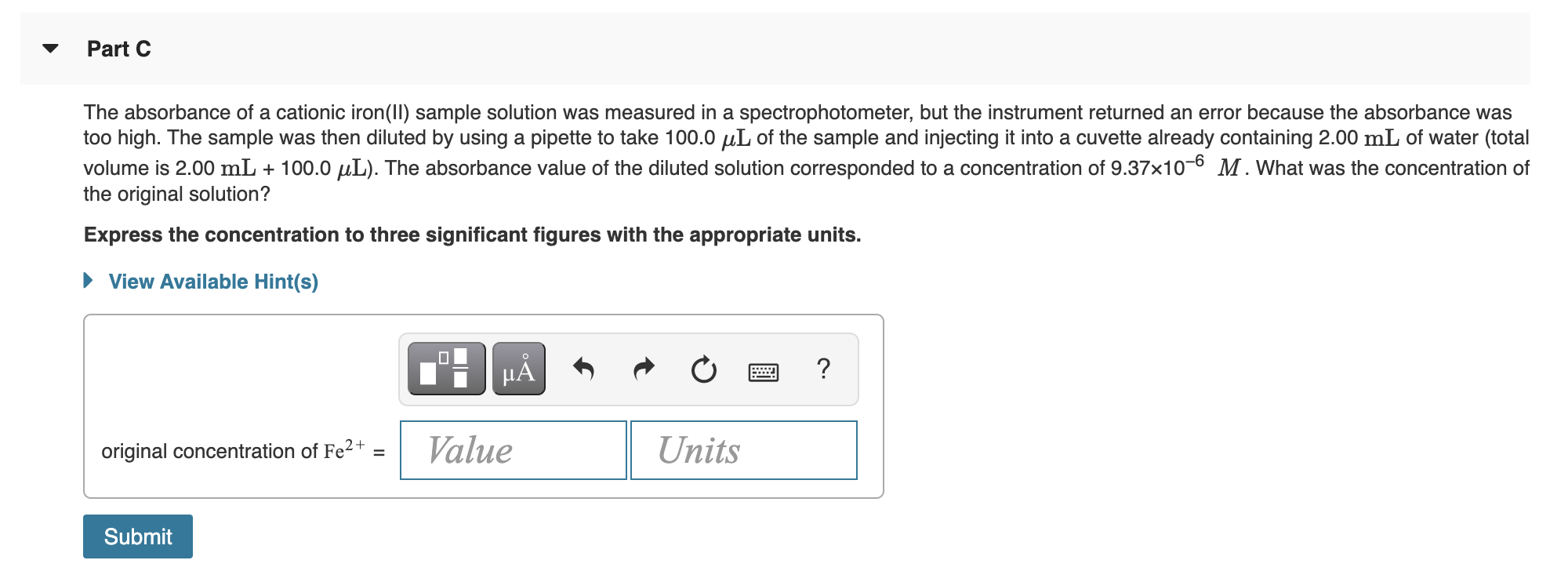 Solved Part C The absorbance of a cationic iron(II) sample | Chegg.com